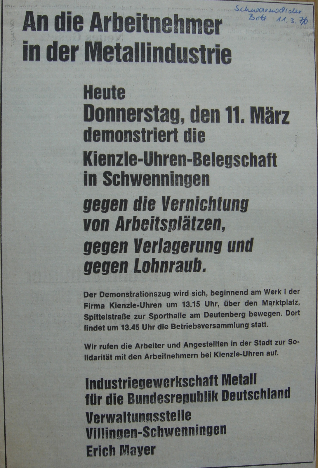 Anzeige der IG-Metall Verwaltungsstelle Villingen-Schwenningen ...